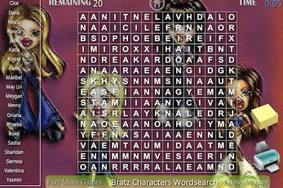 Remaining 20- Bratz Characters Wordsearch - Educational Games For Kids
