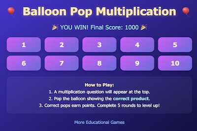 Balloon Pop Multiplication - Educational Games For Kids